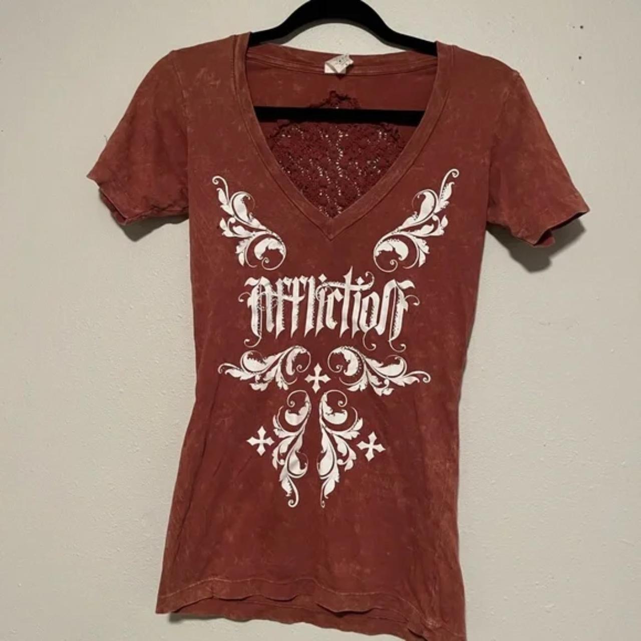 Affliction y2k 2000s v-neck tee with a cute cut out... - Depop
