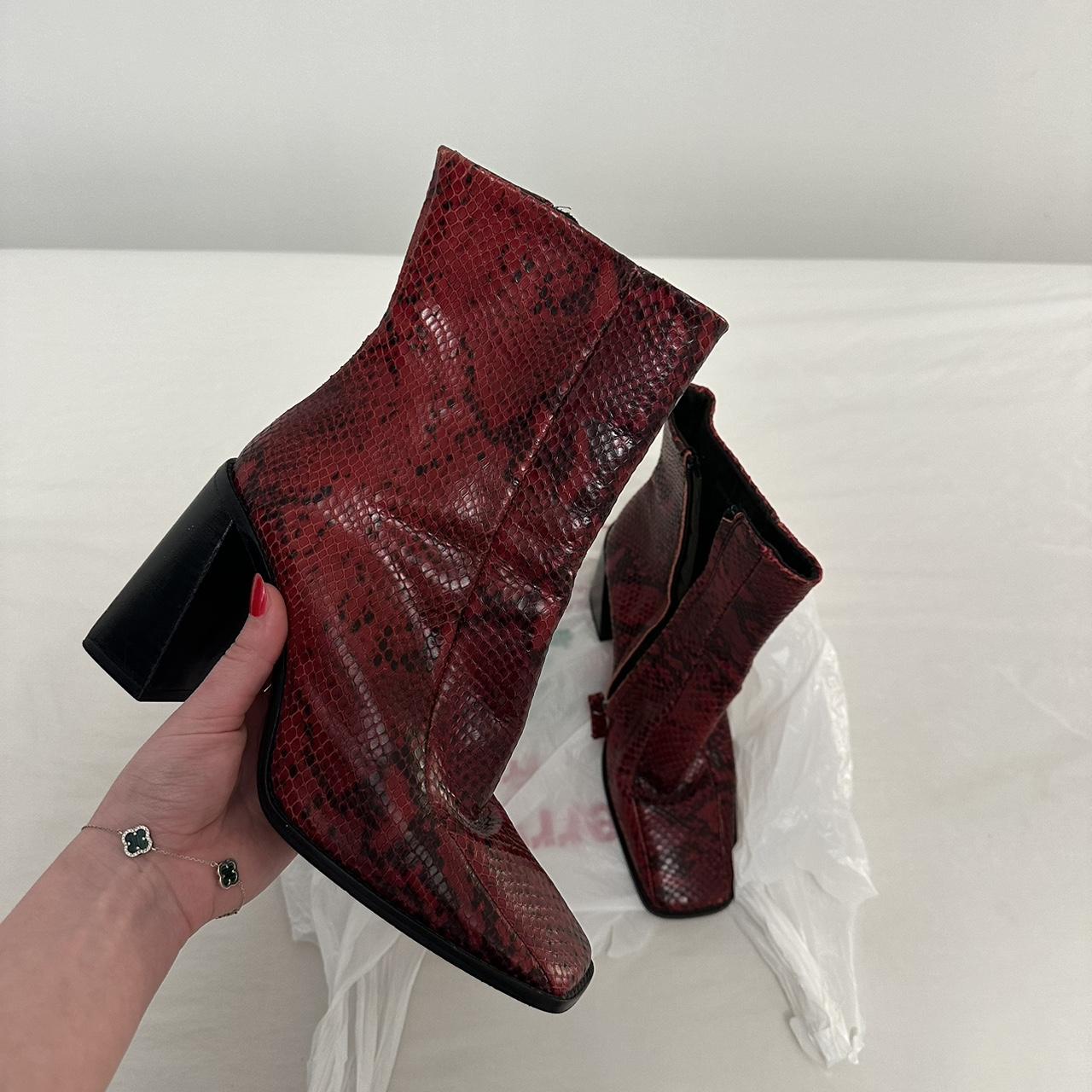 red snake skin square toe boots/heels top shop - Depop