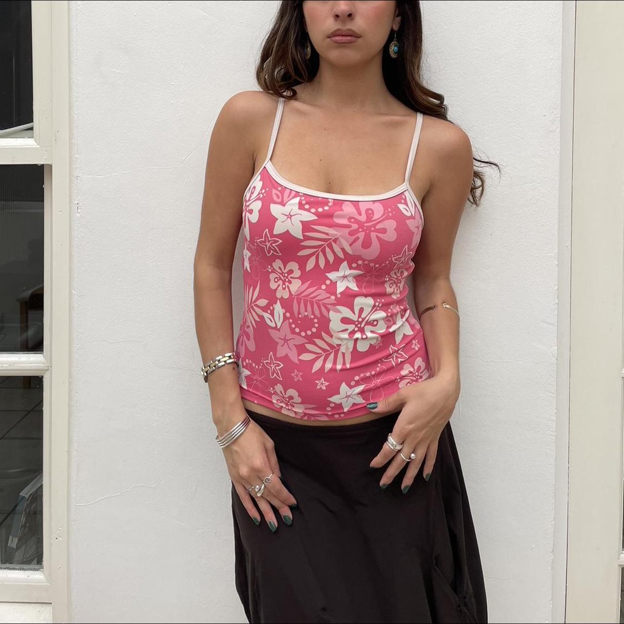 Vintage 90s/ early 2000s pink hibiscus print slinky... - Depop