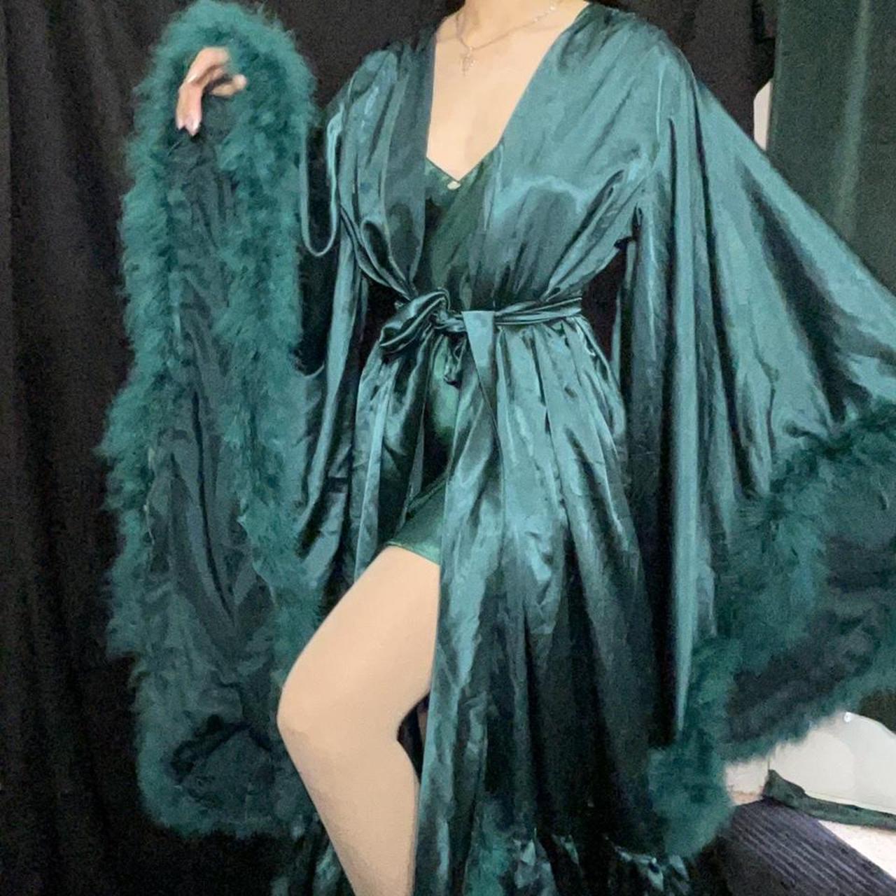 Green satin/feather glamour robe I’m 5’1 and it’s... - Depop
