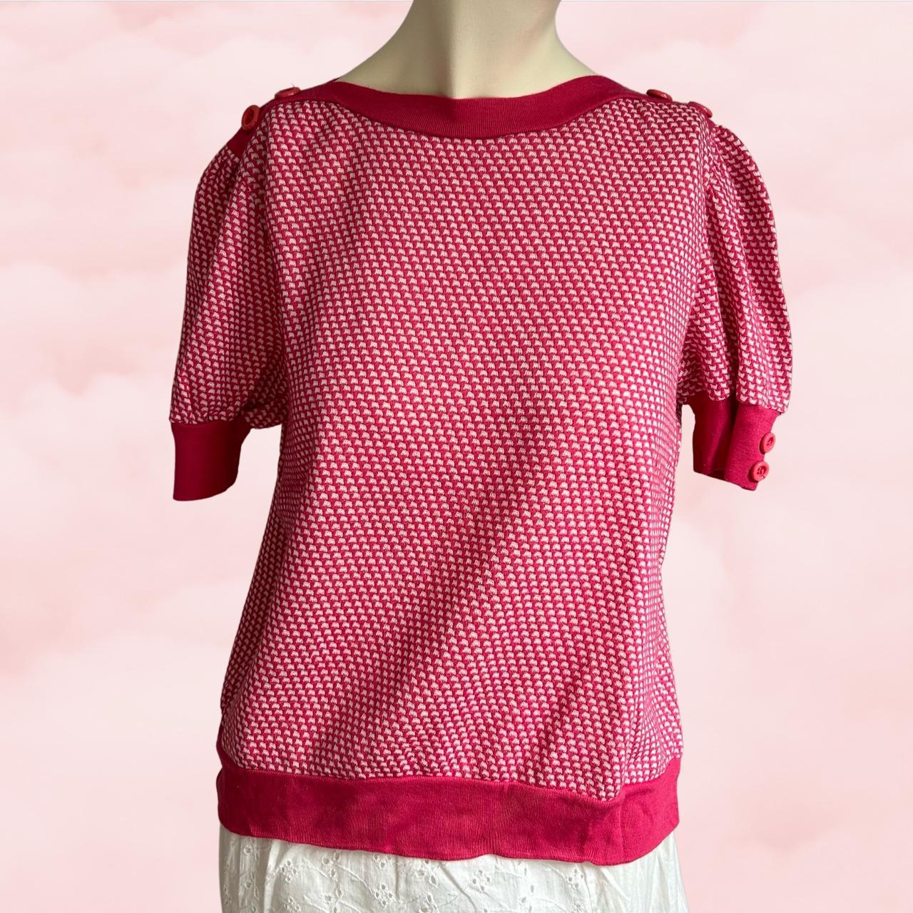 Pink 80s spotted short sleeved knit top by Chine... - Depop