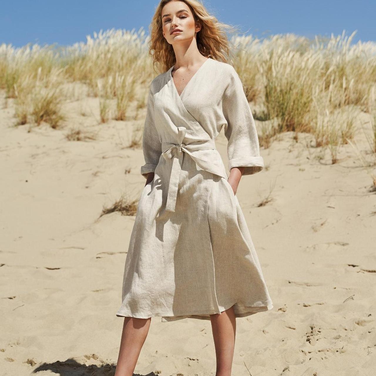 Linen handmade studio midi wrap dress in optic... - Depop