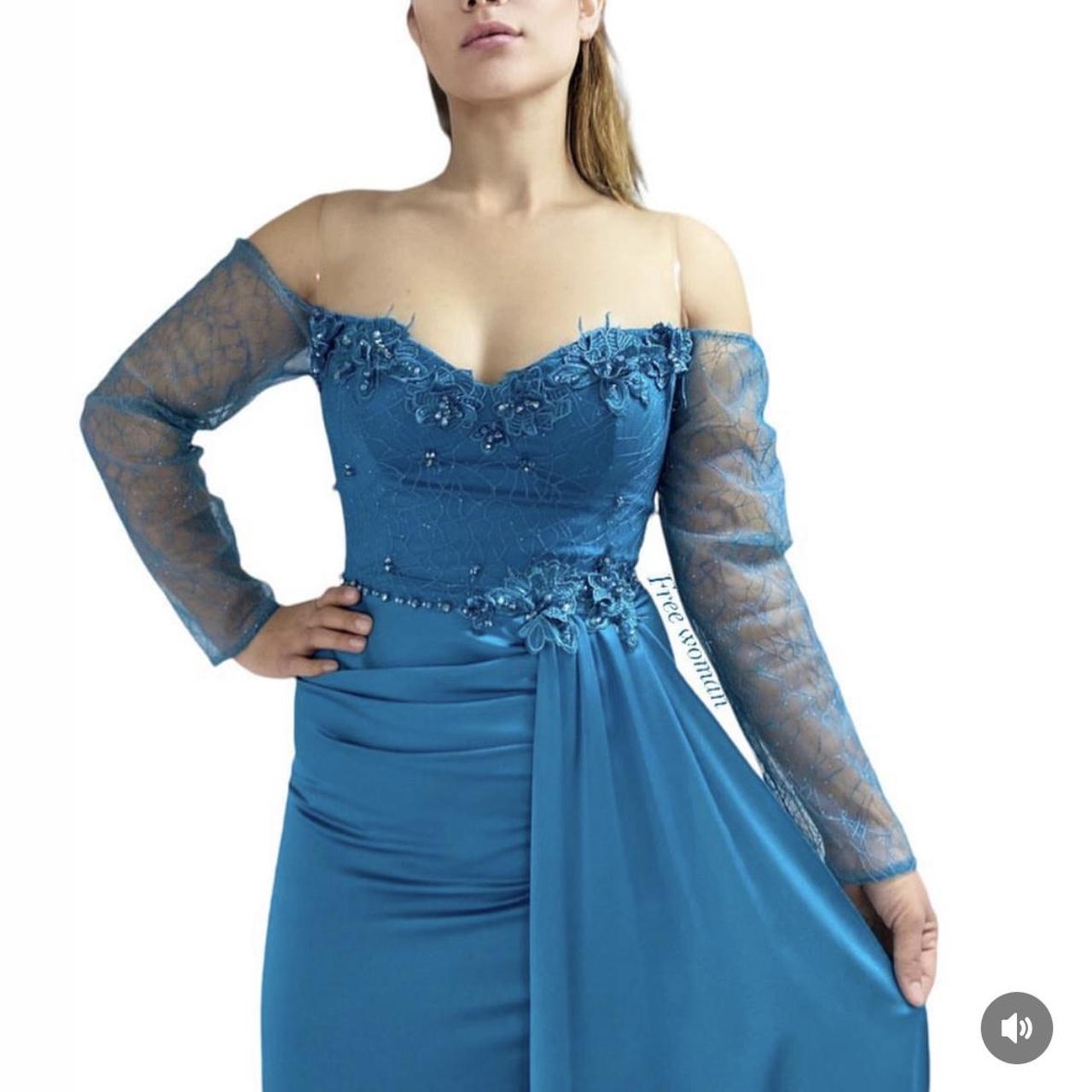 Blue and navy off shoulder gown with long sleeves... - Depop