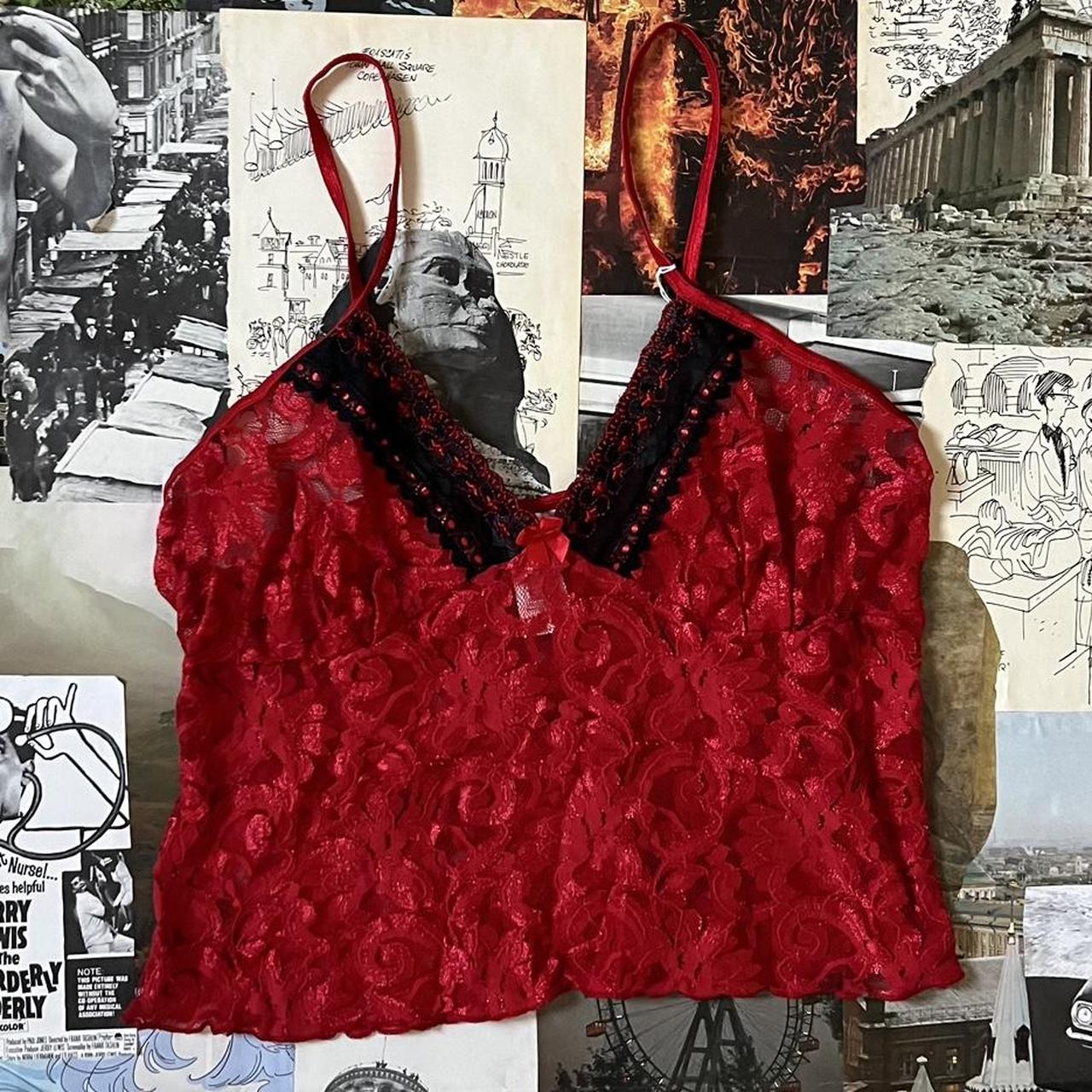Red sheer lace cropped cami cute bow at the front v... - Depop