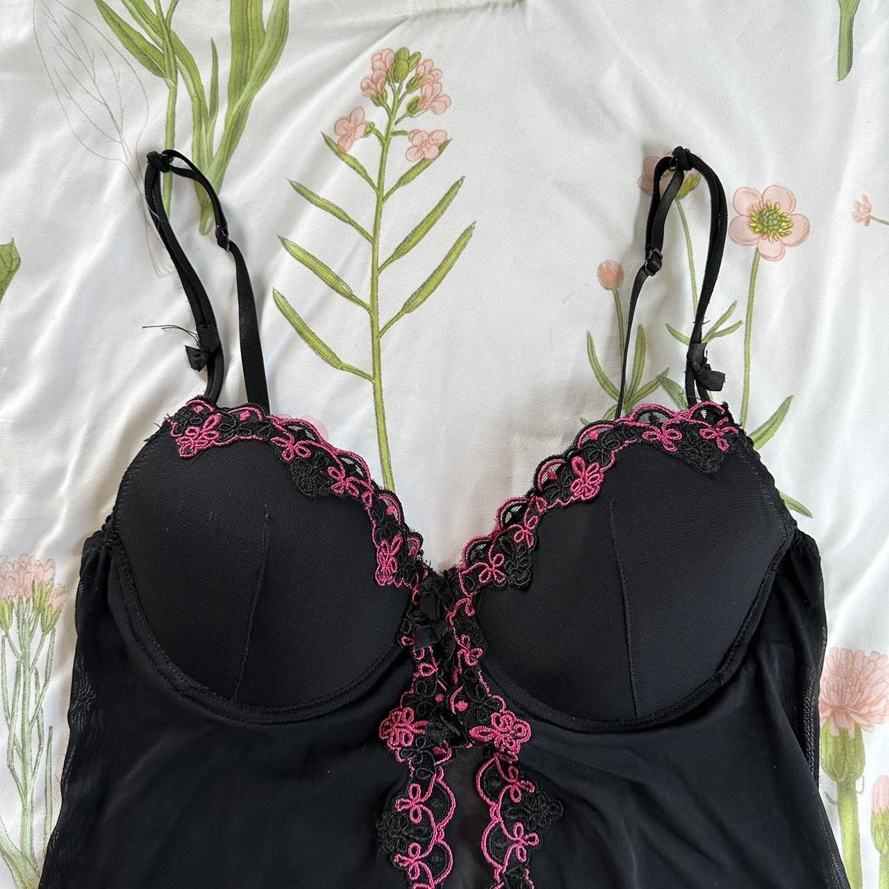 90’s Native Intimates Black & Pink Mesh Top with... - Depop