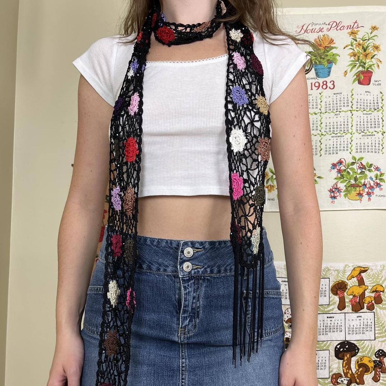 90s/y2k black crochet skinny scarf with colorful... - Depop
