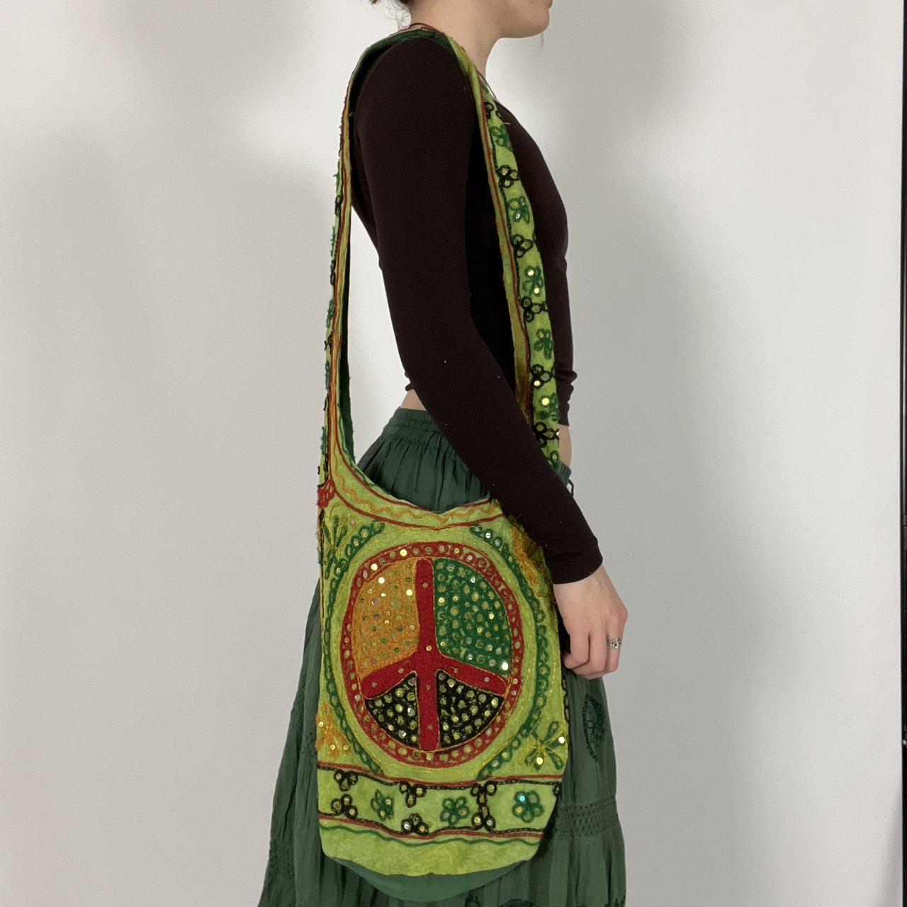 boho hippie green peace sign sequin crossbody... - Depop