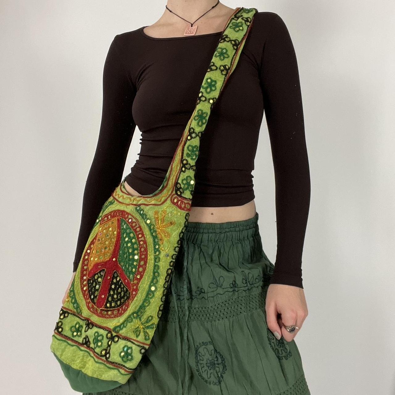 boho hippie green peace sign sequin crossbody... - Depop