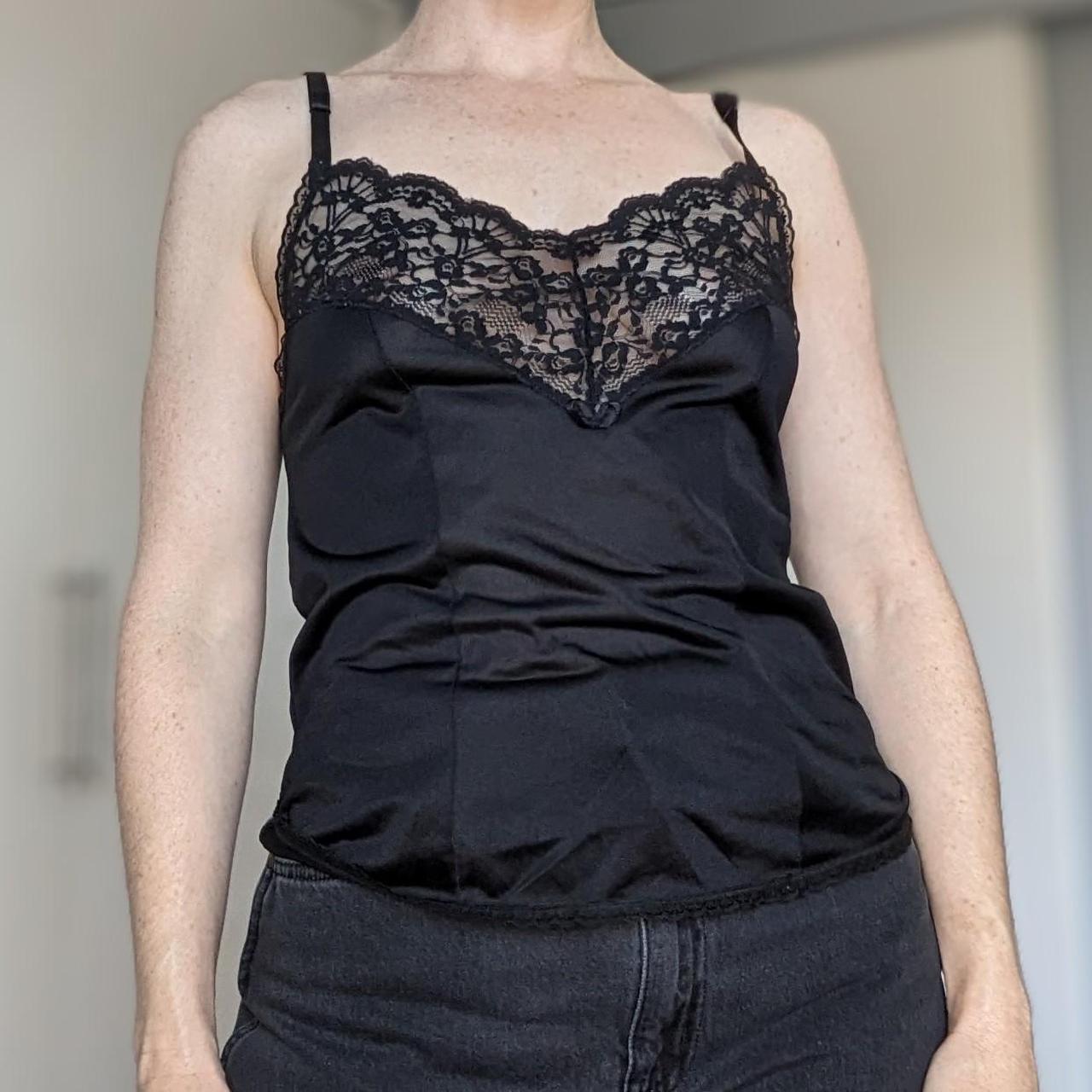 Vintage nylon camisole with lace bust, lace trim hem... - Depop