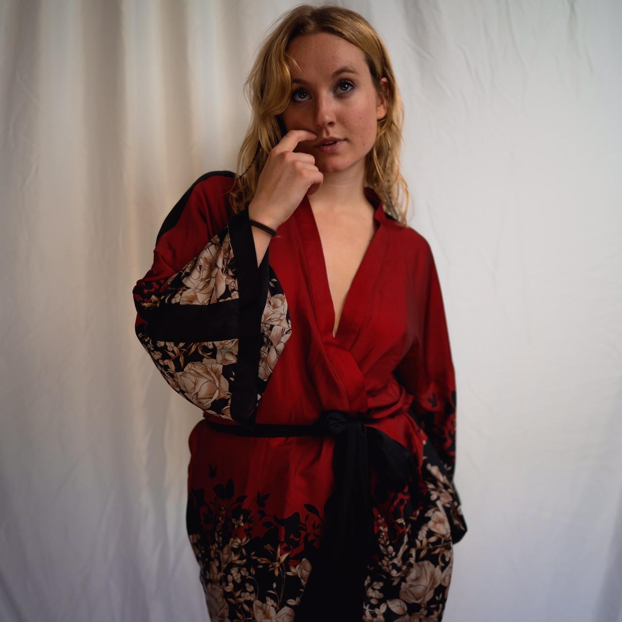 Womens komono style slip dressing gown / robe in red... - Depop