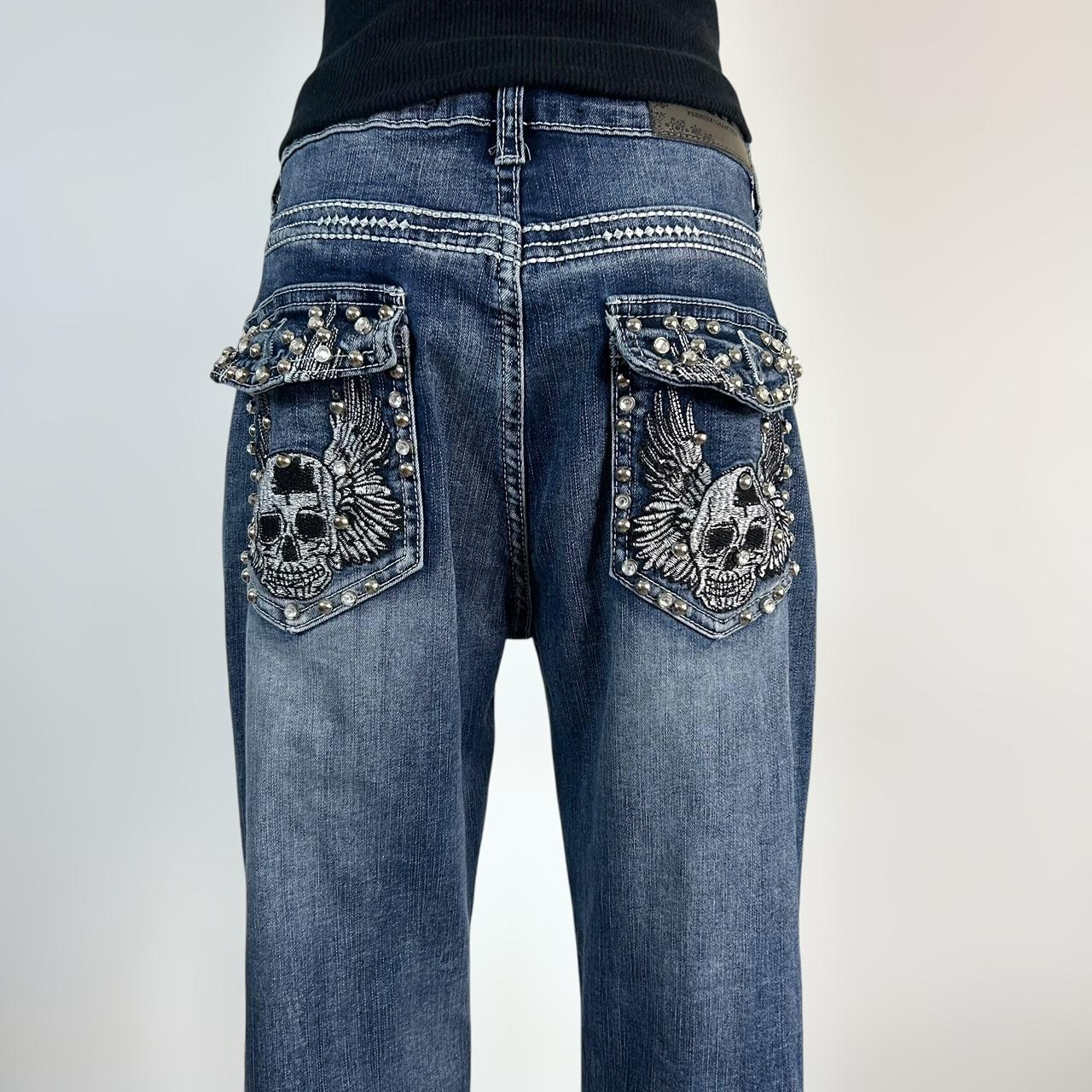 Vintage 90s Y2k Sky Skull Angel Wing Studded Flare... | Depop