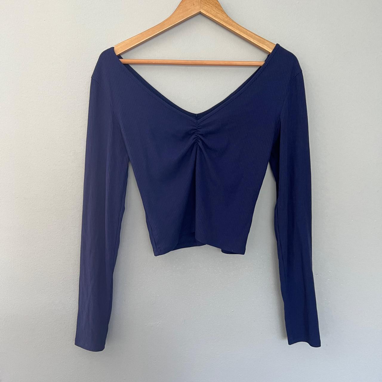 Navy blue ribbed off shoulder long-sleeve crop... - Depop
