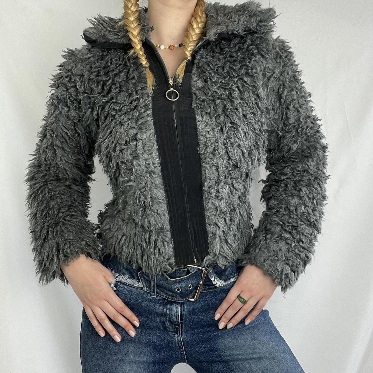 00s grey fluffy zip up jacket size small pit to... - Depop