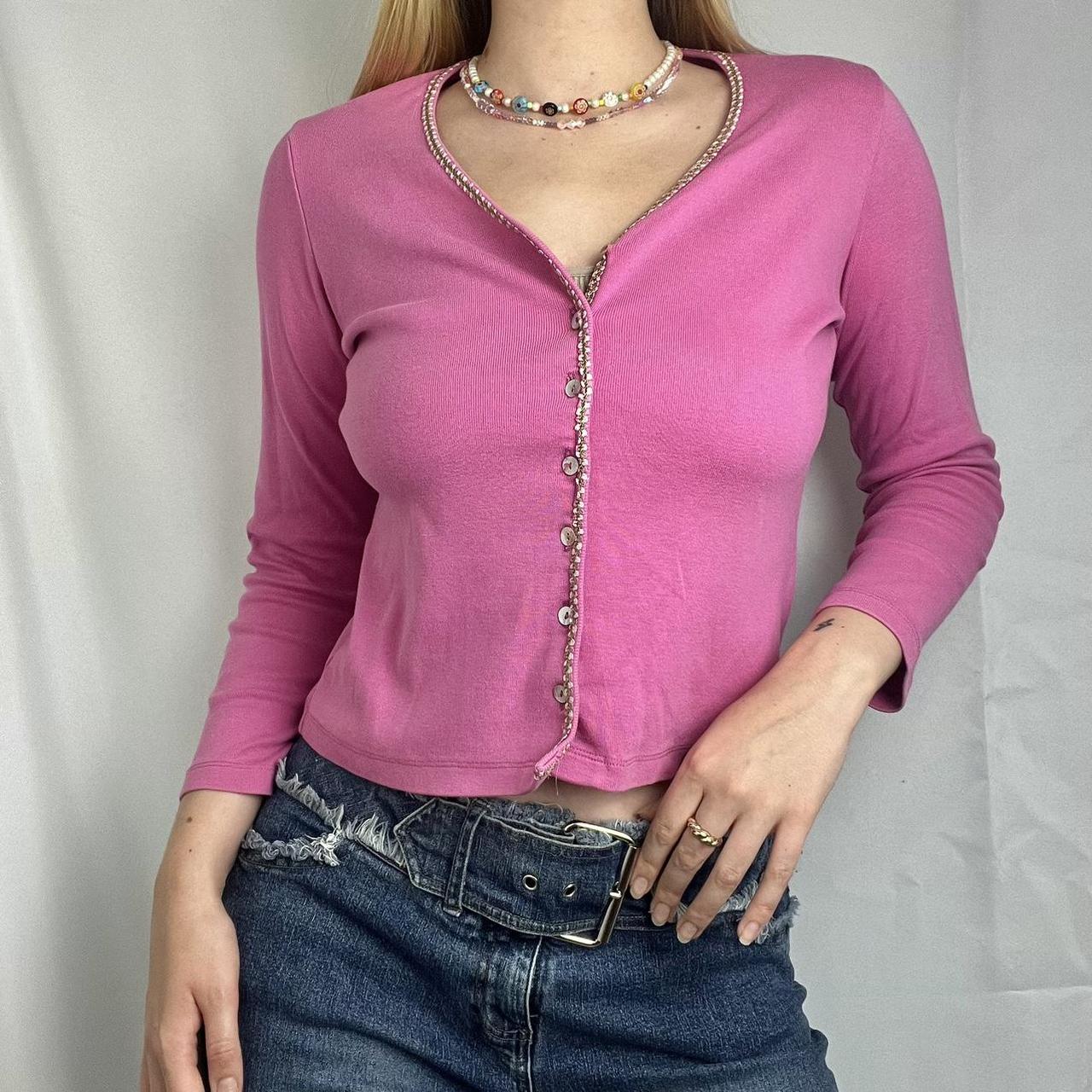 00s pink button up cropped cardigan size 8/10 pit... - Depop