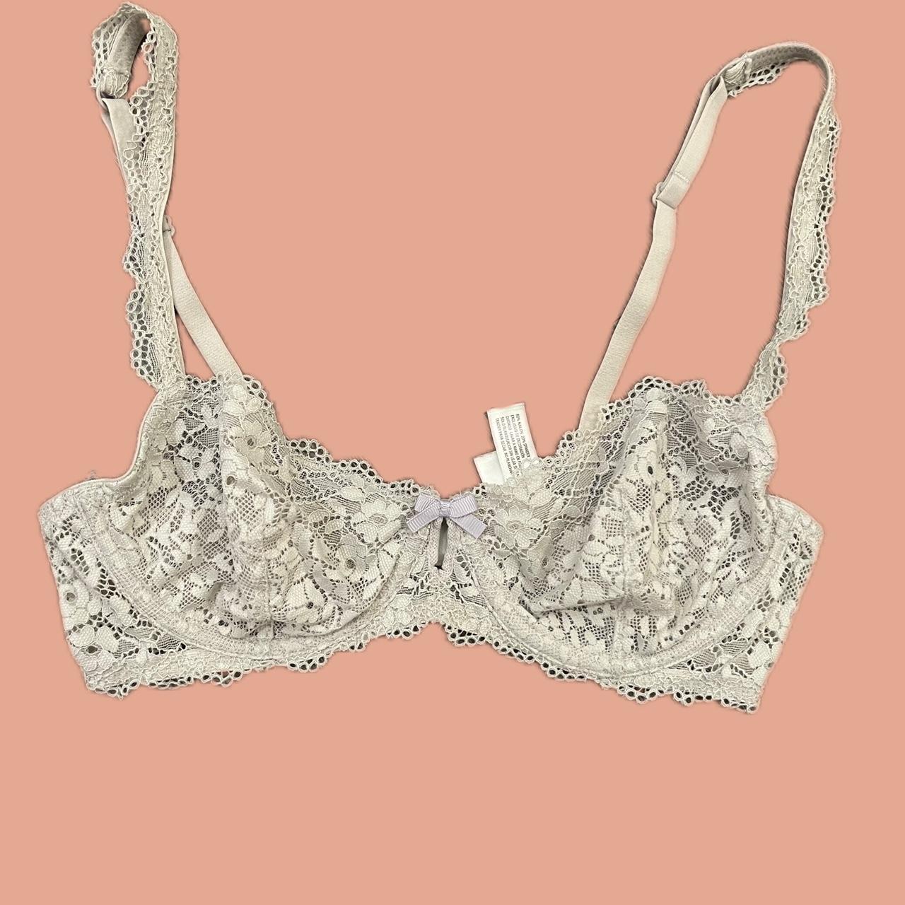 White and grey lace balconette bra with bow... - Depop
