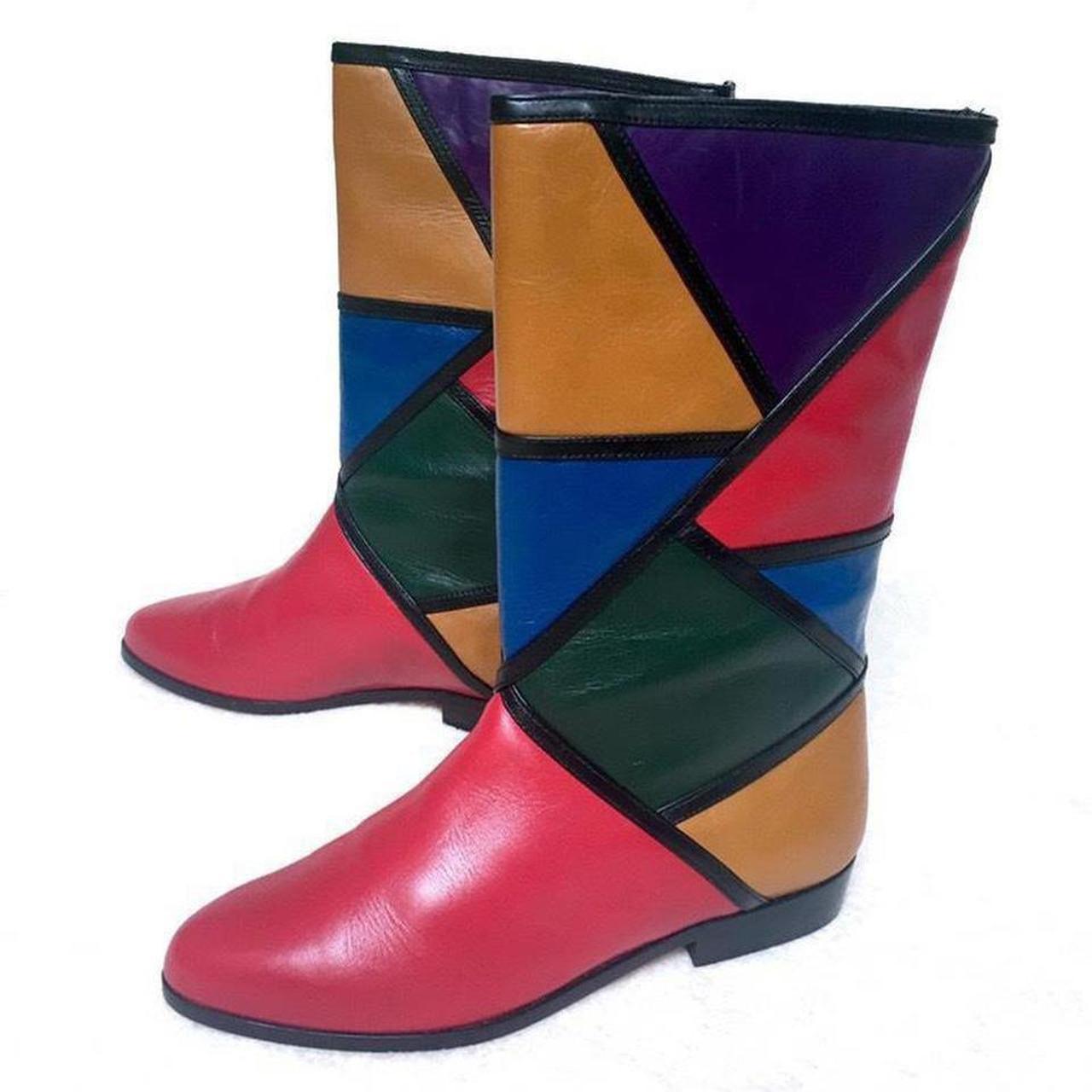 80s Vintage Rainbow Color Block Leather Boots Made... - Depop