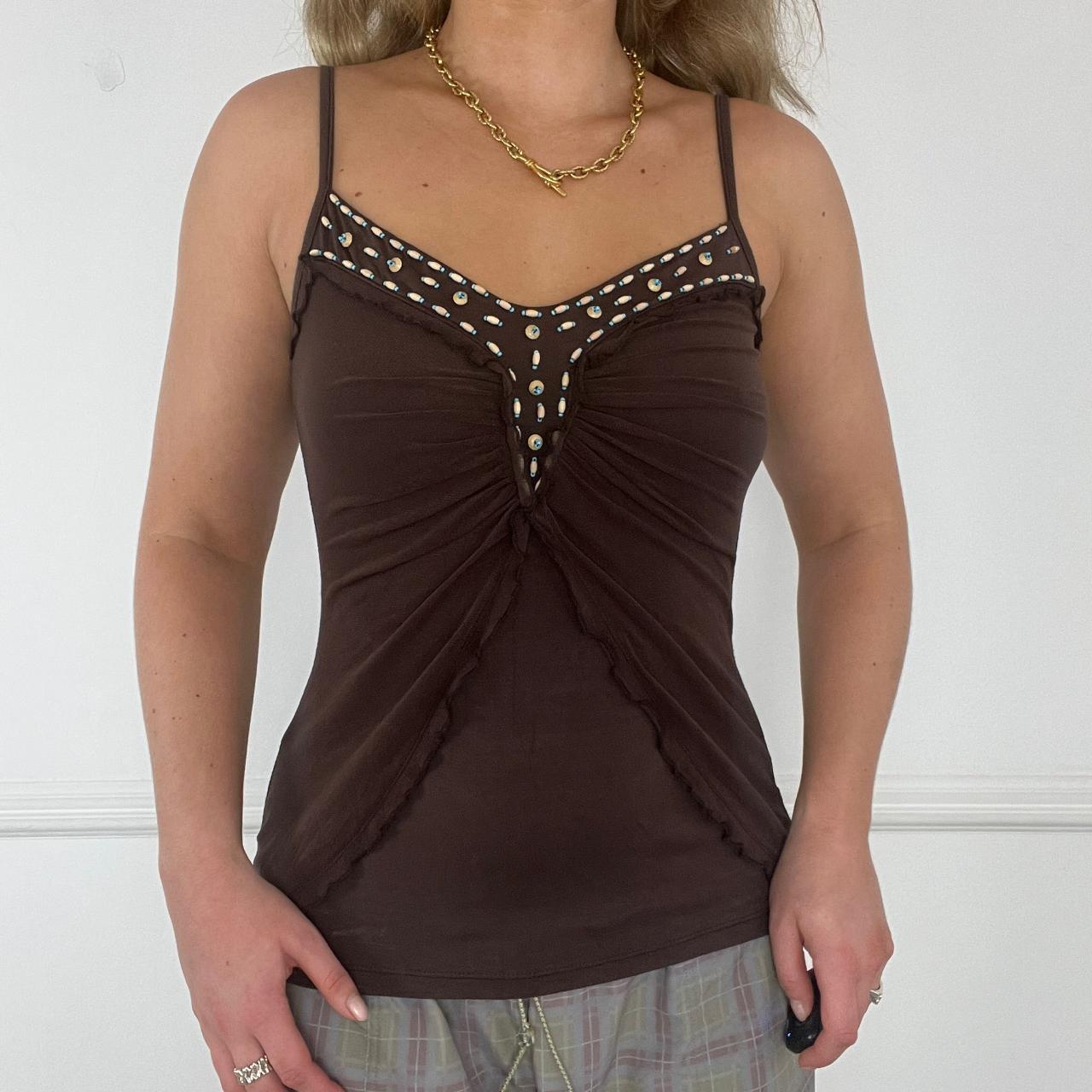 Brown beaded cami stunning 00s/y2k brown cami top... - Depop