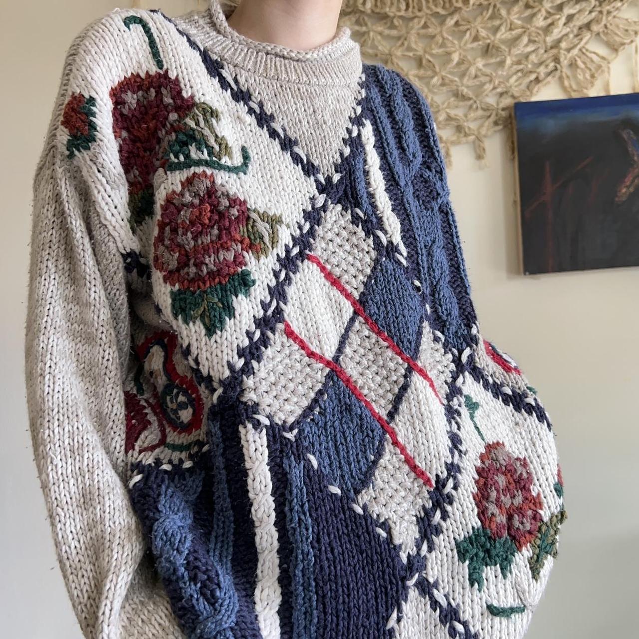 Vintage 80s Crocheted Graphic Sweater Argyle, Rose... - Depop