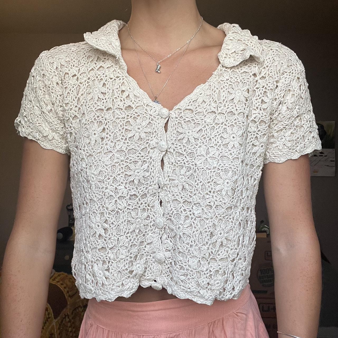 Crochet button up, collared cream shirt. Features a... - Depop
