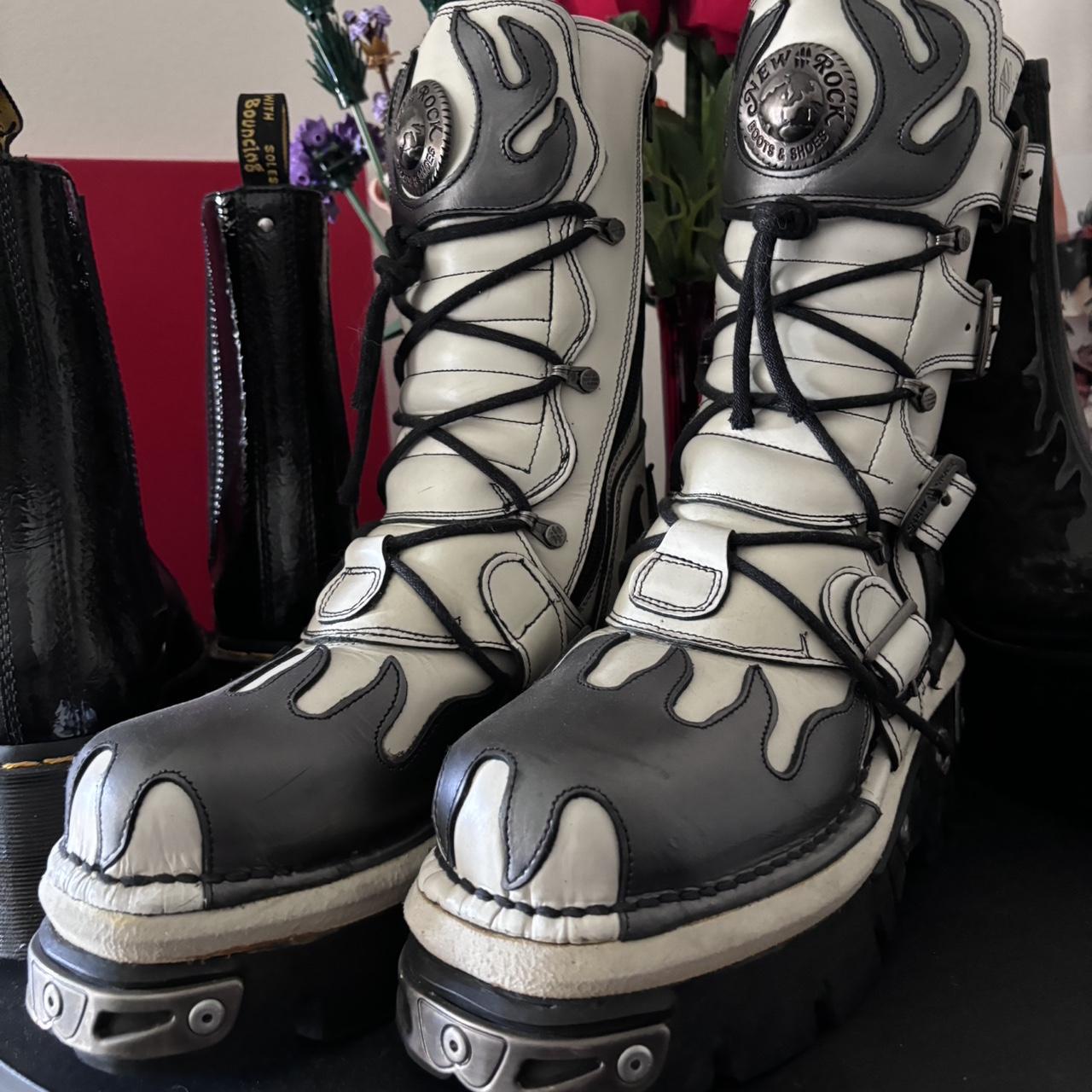 NEW ROCK PLATFORM BOOTS Size 8 Grey flames detailing - Depop