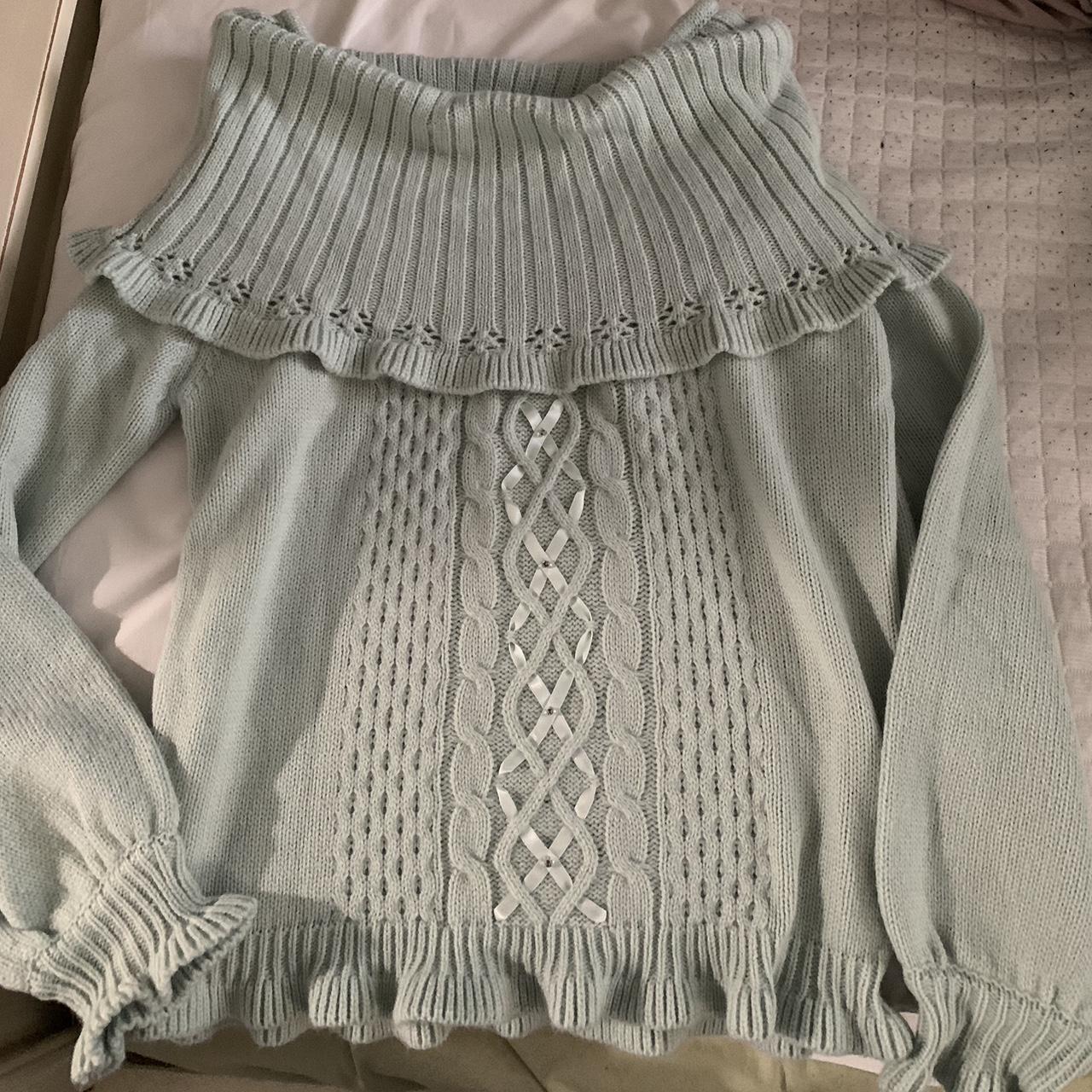 axes femme off the shoulder blue/mint teal sweater... - Depop