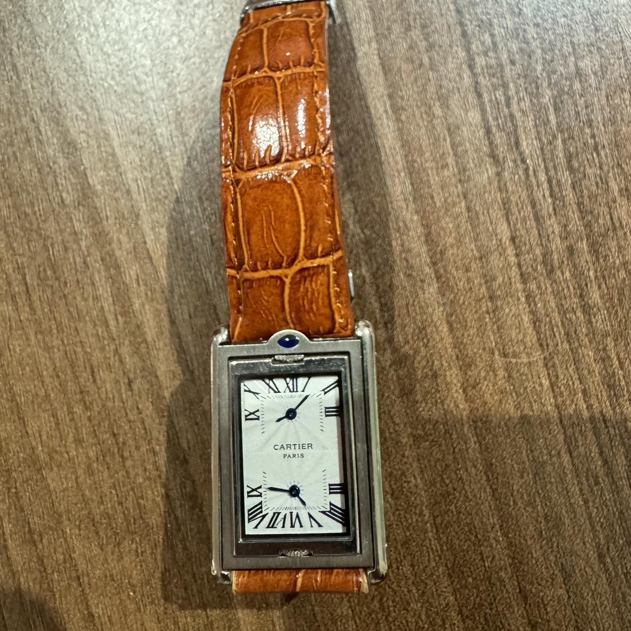 Cartier tank reverso watch in silver with brown... - Depop