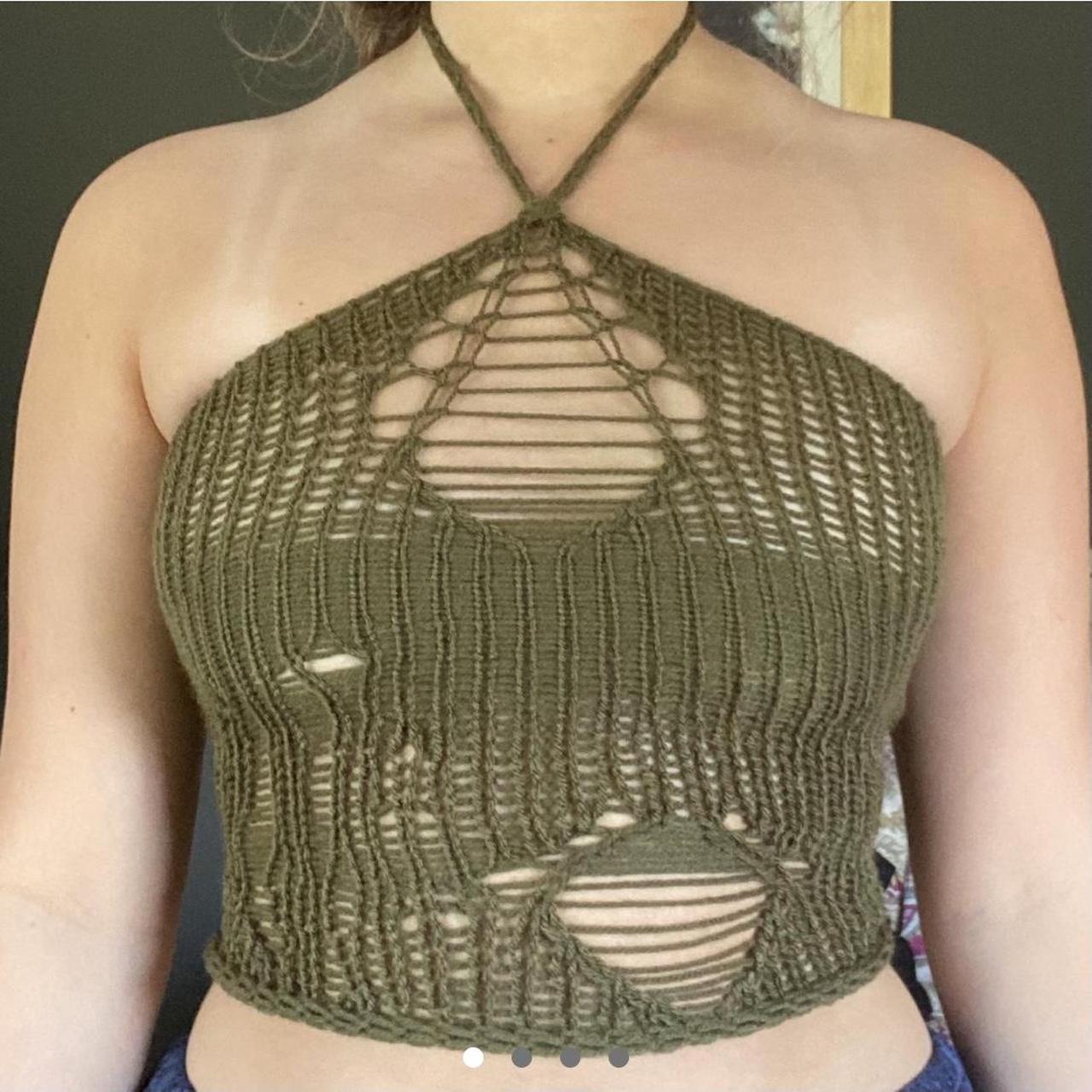 Handmade khaki green knitted halter neck top with... - Depop