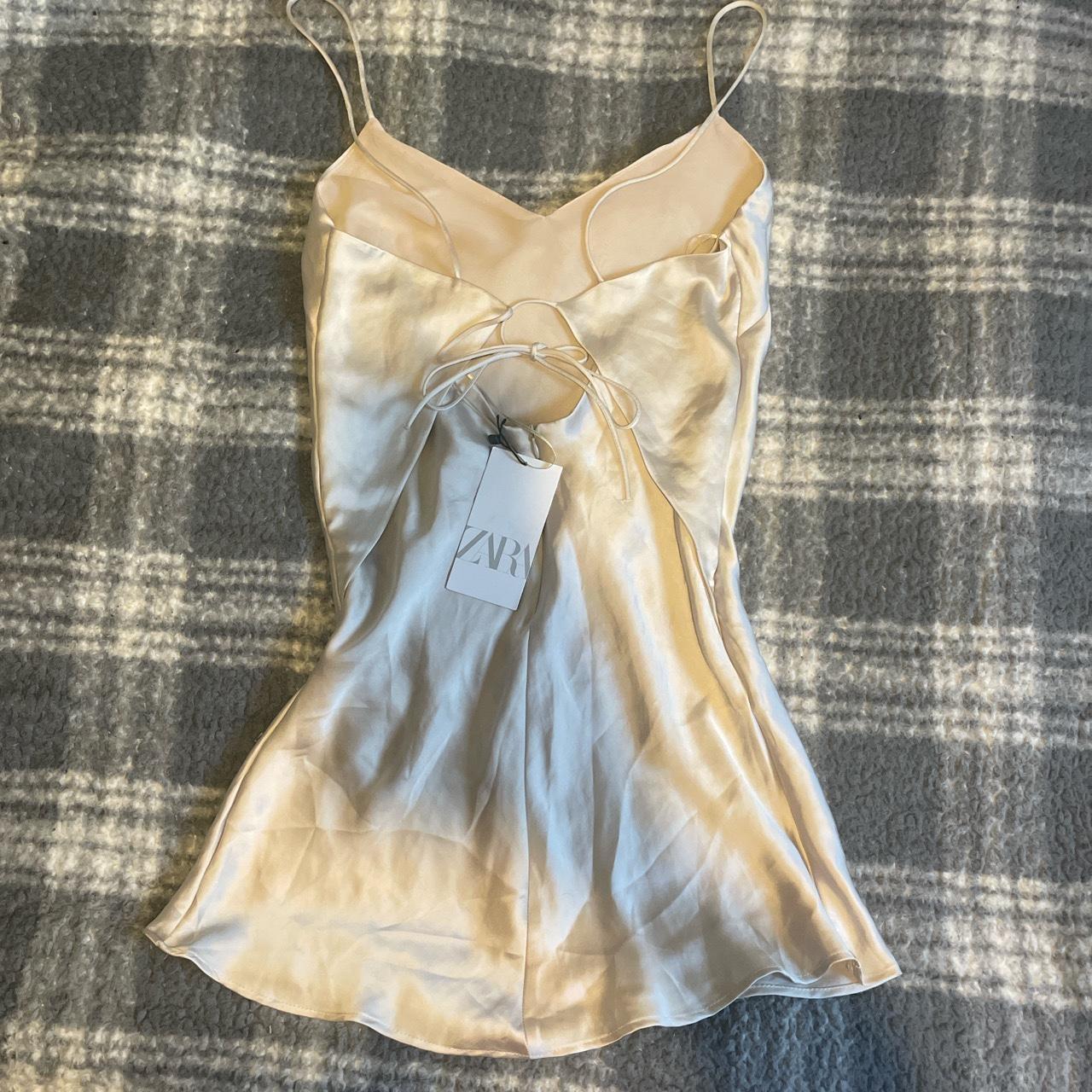 Zara XS champagne silk slip on mini dress with mesh... - Depop