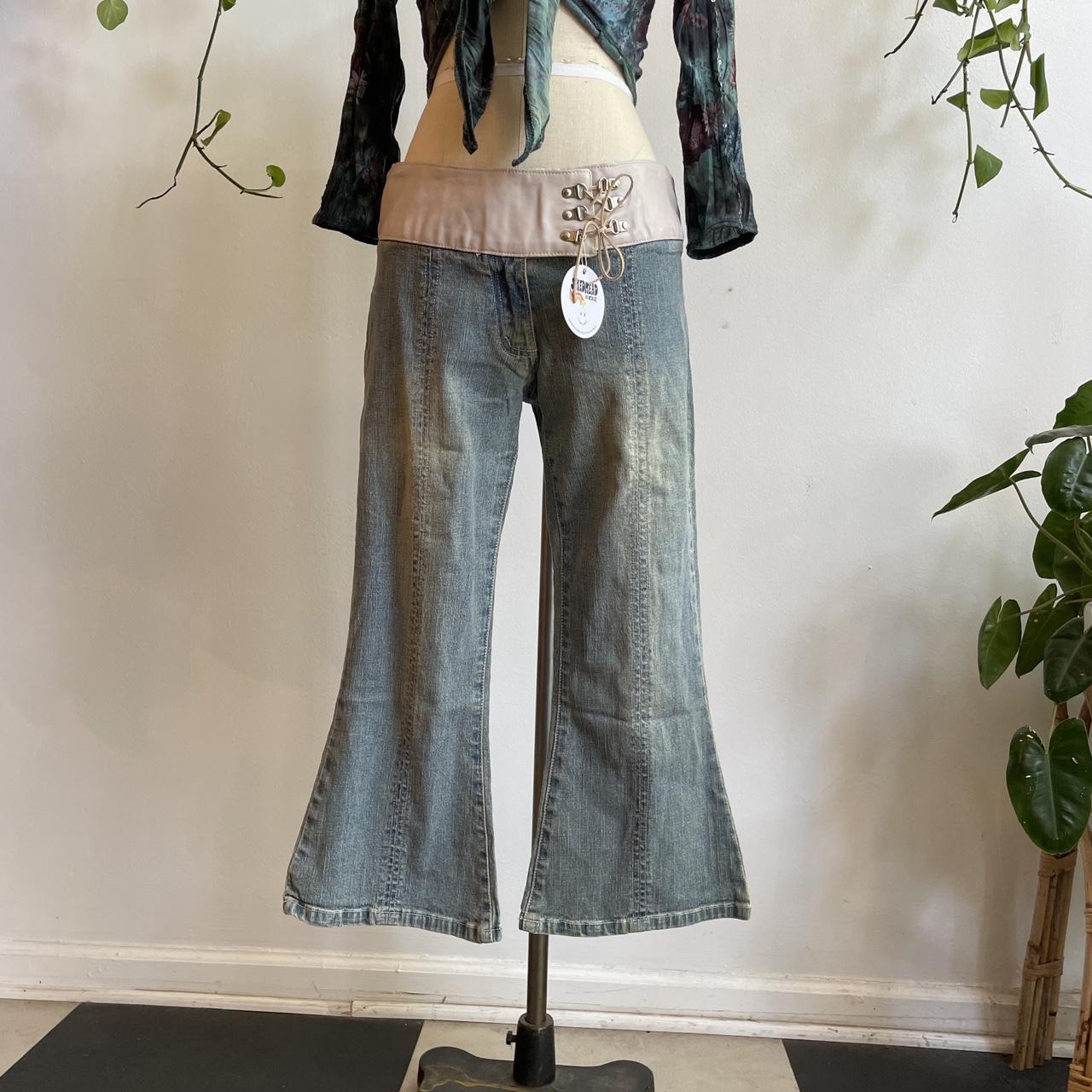 Late 90’s washed out flared capris with faux pink... - Depop