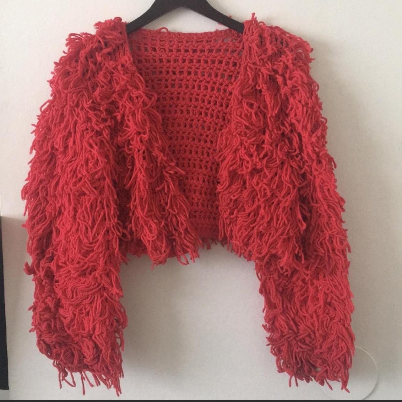 Red Shaggy Runway Coat 90s Handmade Crochet Fringe... - Depop