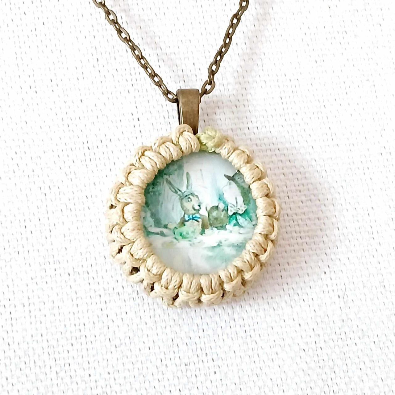 Macrame alice & wonderland pendant necklace Bronze... - Depop