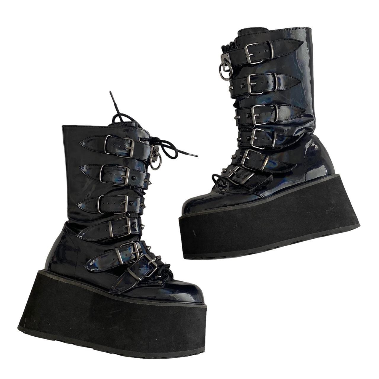 Black PVC platform boots with spikes & buckles... - Depop