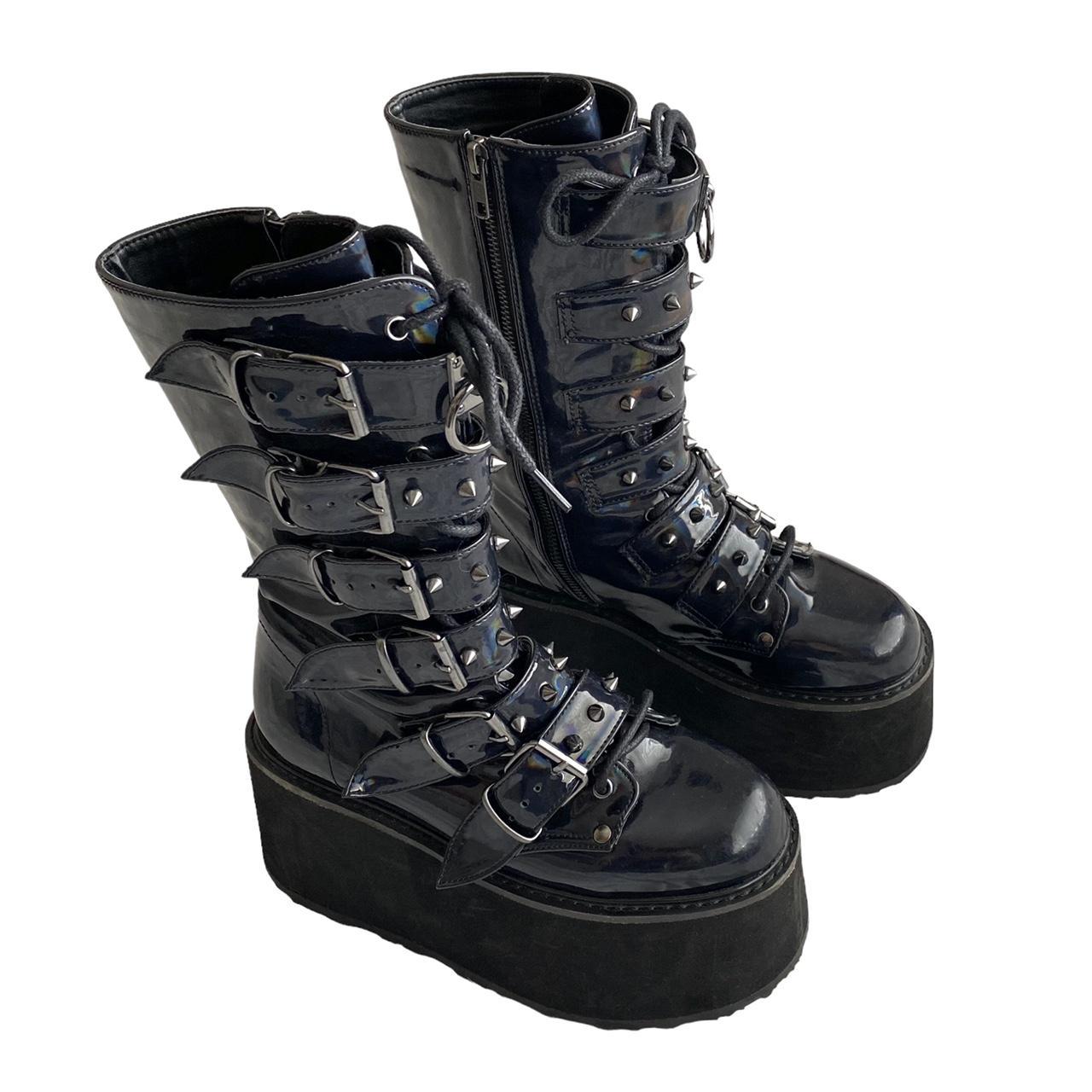 Black PVC platform boots with spikes & buckles... - Depop