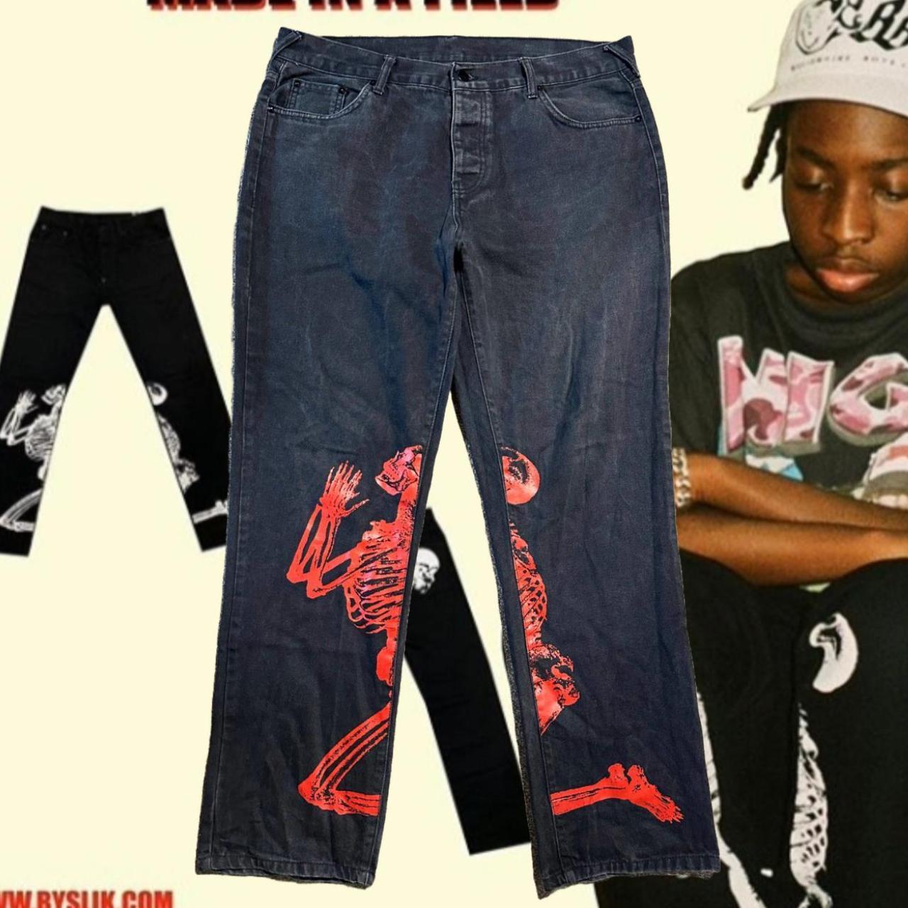 BYSLIK PRAYER SKELETON PRINT JEANS - BAGGY FIT -... - Depop