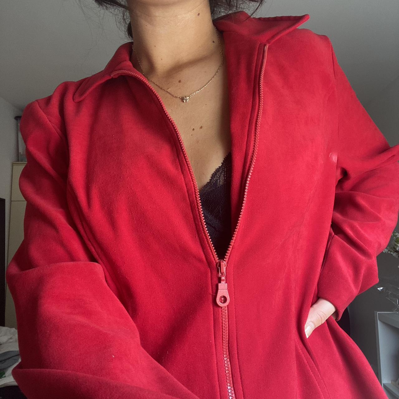 80s velour zip up red jacket with shoulder pads... - Depop