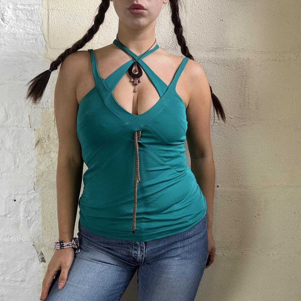 Y2k cami top turquoise green cross strap cami gold... | Depop