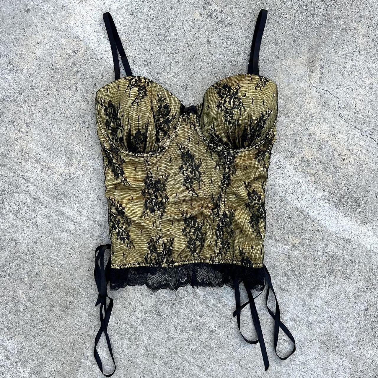 Yellow and black lace corset style top by Blush.... - Depop