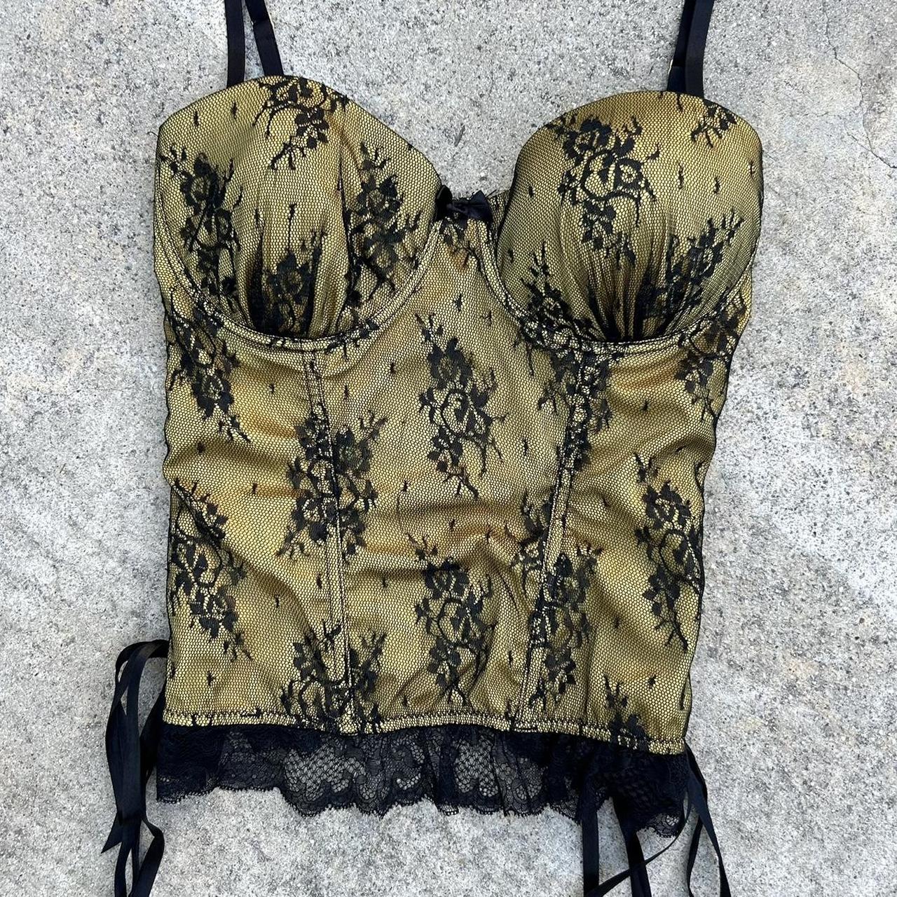 Yellow and black lace corset style top by Blush.... - Depop