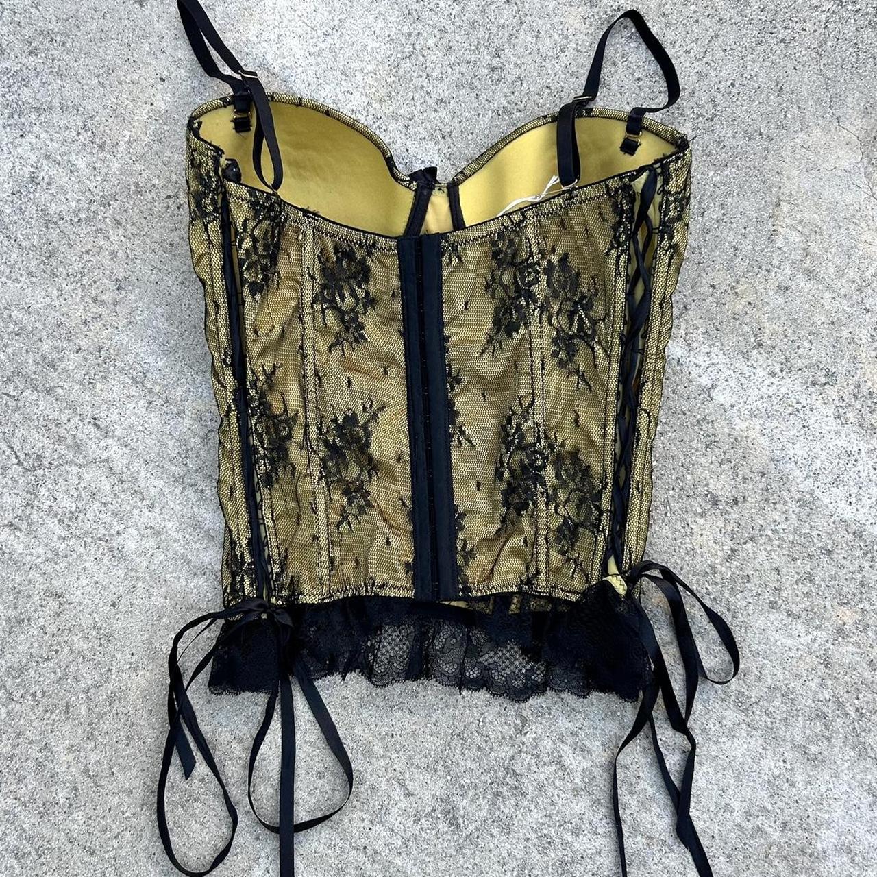 Yellow and black lace corset style top by Blush.... - Depop