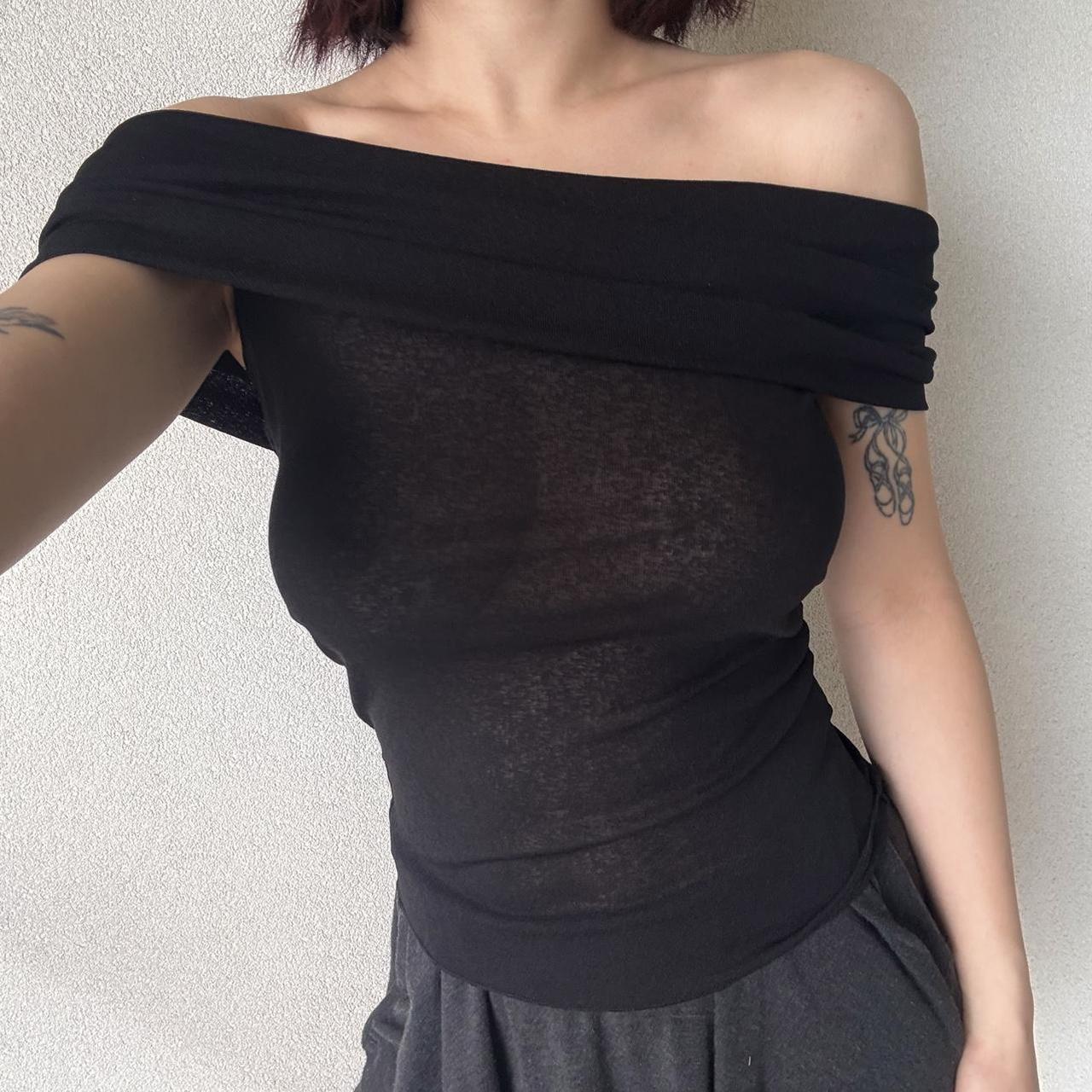 off shoulder fold over top slightly sheer stretchy... | Depop