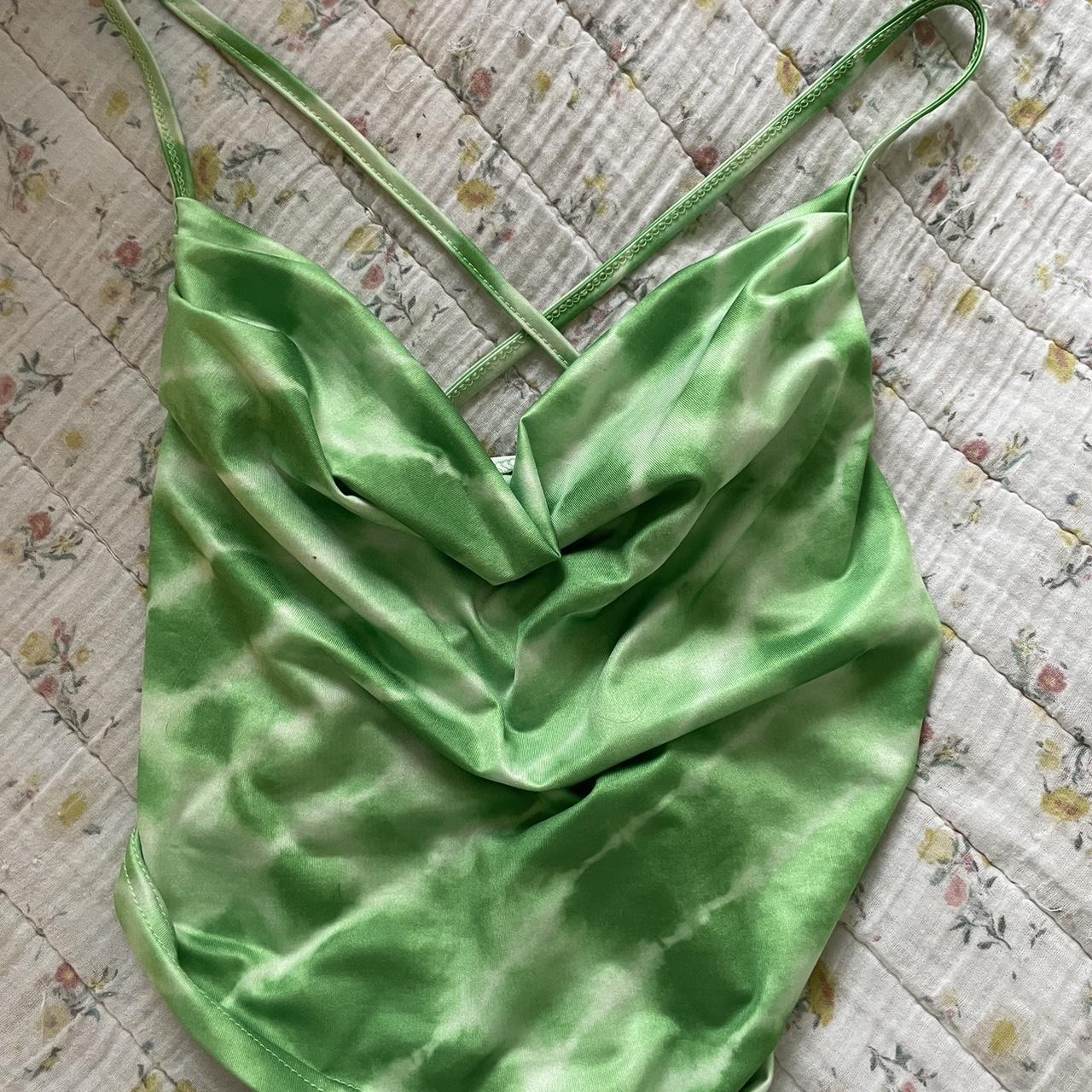 silky open back top green and white cowl neck only... - Depop