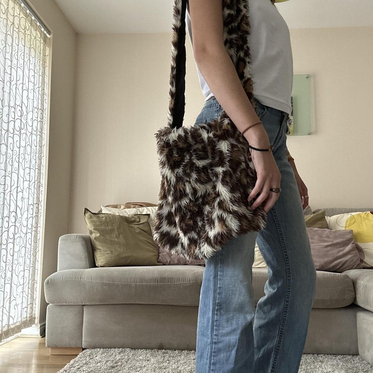 faux fur leopard print fluffy bag handmade - not by... - Depop