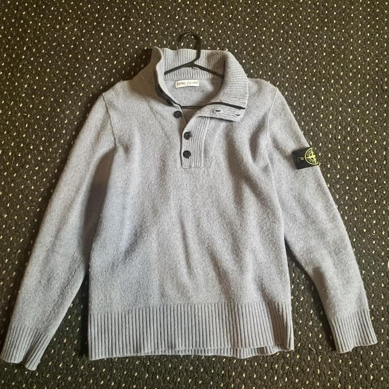 Stone Island grey/blue wool knit in size large, 80%... - Depop