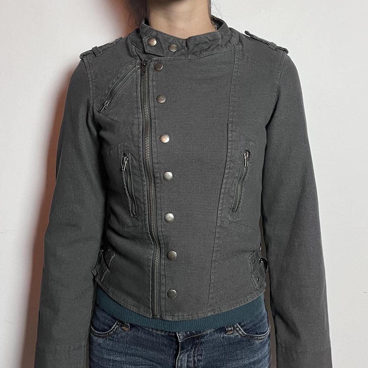 Grey Y2K cropped moto jacket / military inspired... - Depop