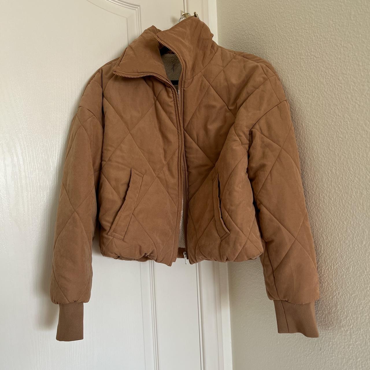 brown quilted fuzzy jacket - Depop