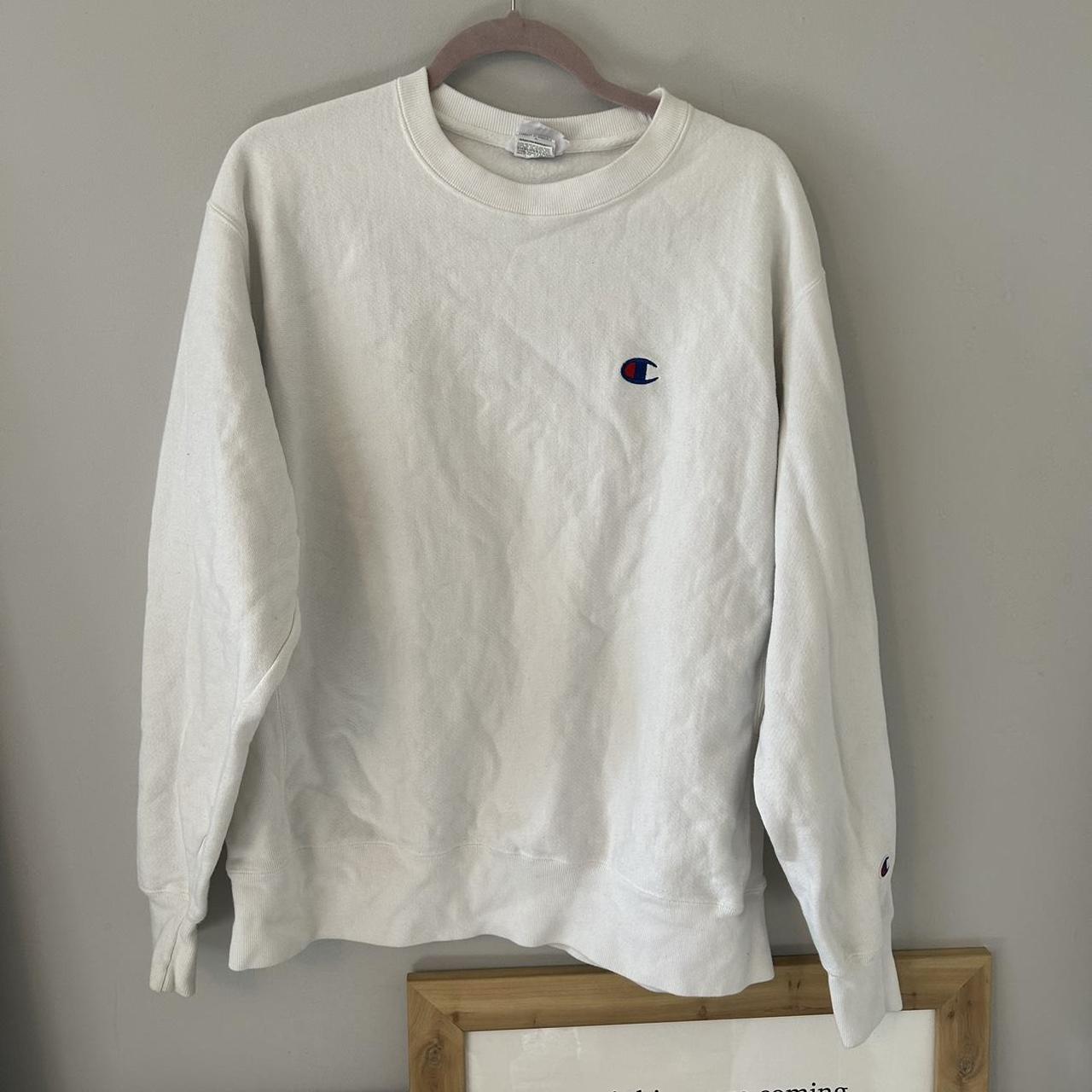 White champion sweatshirt with lettering graphic on... - Depop