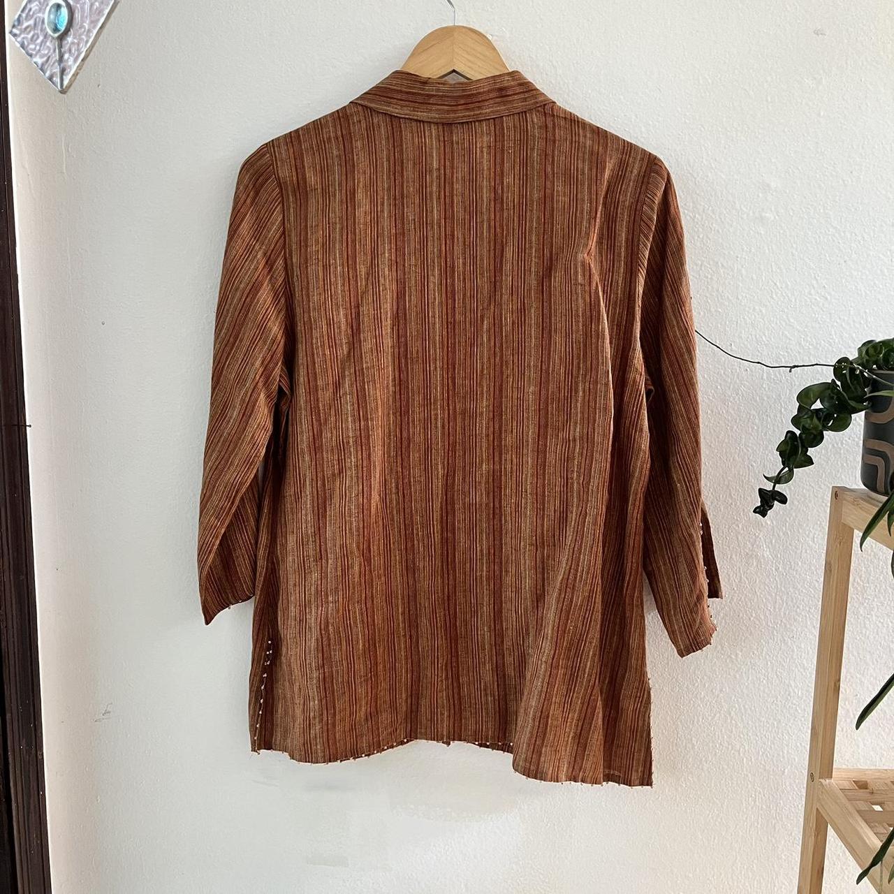 Vintage striped linen shirt with beading detail.... - Depop