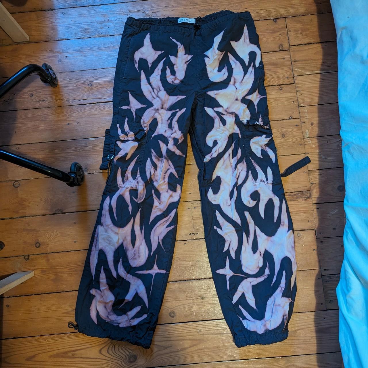 Hand bleach painted navy cargos Elasticated waist... - Depop