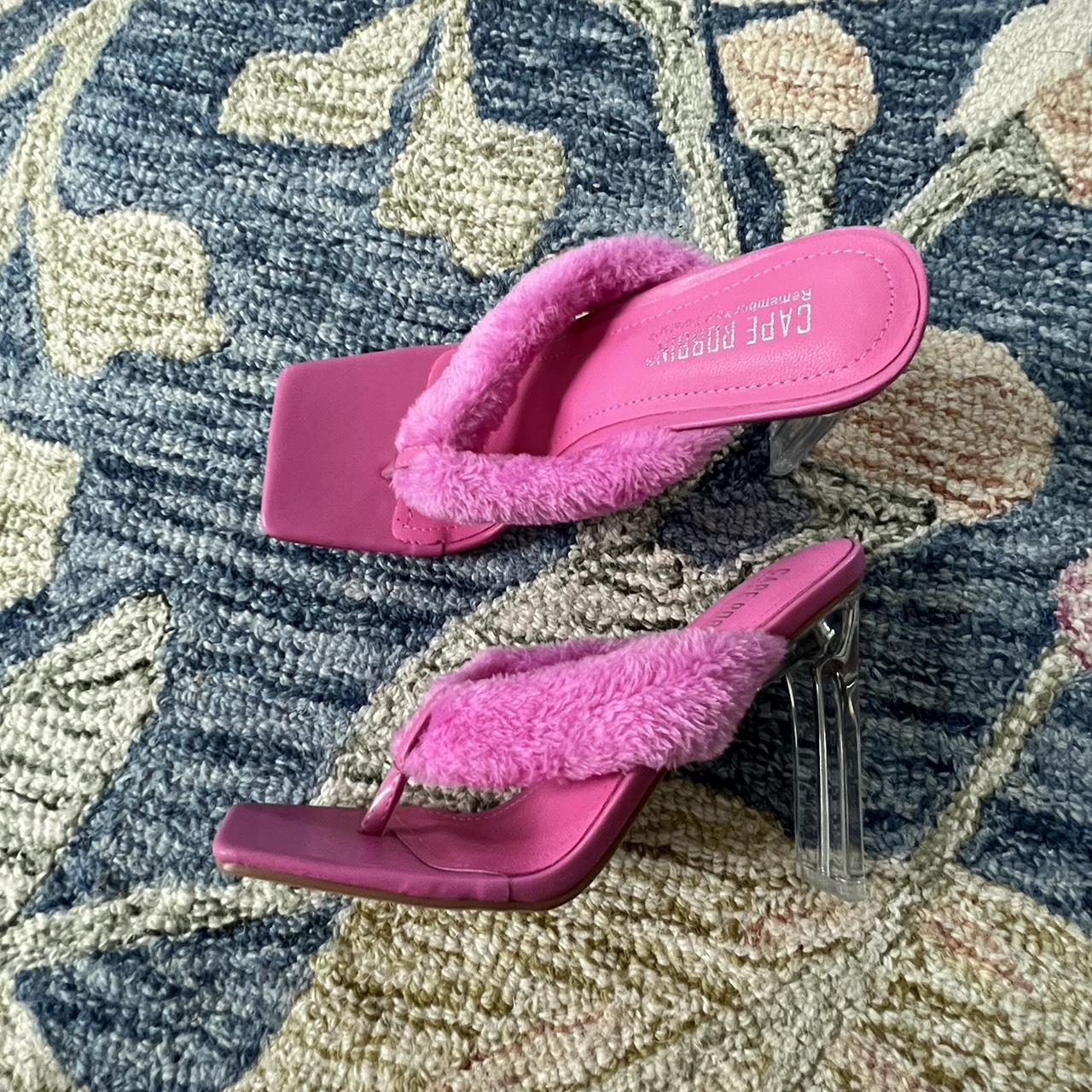 Hot pink fuzzy thong pumps Clear acrylic 4” heels... - Depop
