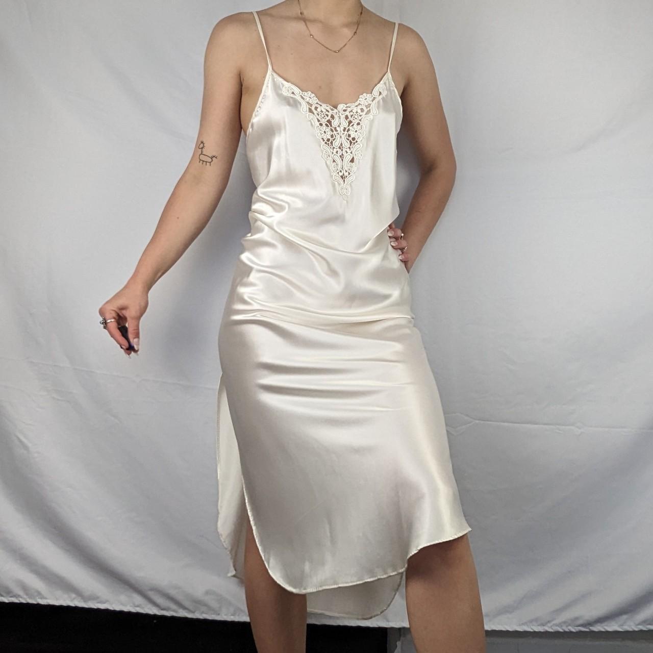 vintage white satin slip dress 🐻‍ ️ - embroidered lace... - Depop